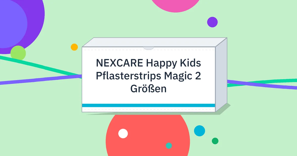 Symbolbild: Packung mit der Aufschrift NEXCARE Happy Kids Pflasterstrips Magic 2 Größen (PZN 17149048) – Verfügbarkeit und Bezug in Apotheken in Frankfurt am Main