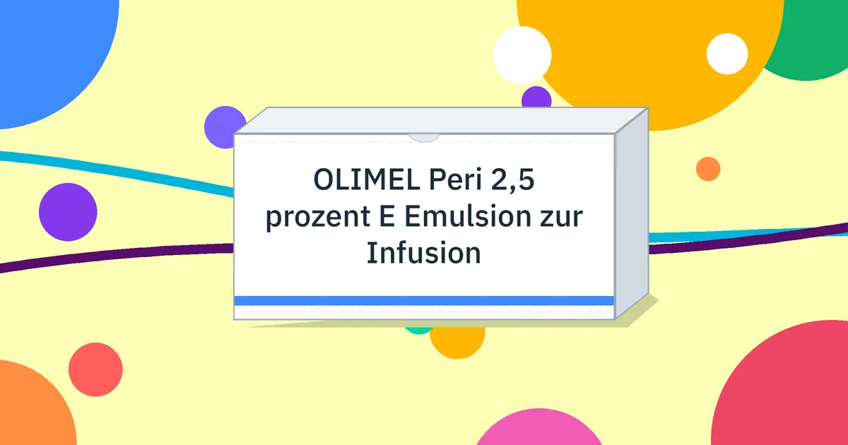 Symbolbild: Packung mit der Aufschrift OLIMEL Peri 2,5 prozent E Emulsion zur Infusion (PZN 05900211) – Verfügbarkeit und Bezug in Apotheken in Frankfurt am Main