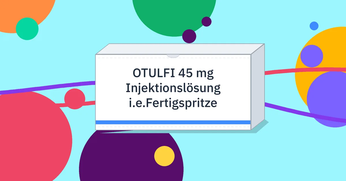 Symbolbild: Packung mit der Aufschrift OTULFI 45 mg Injektionslösung i.e.Fertigspritze (PZN 20136919) – Verfügbarkeit und Bezug in Apotheken in Frankfurt am Main