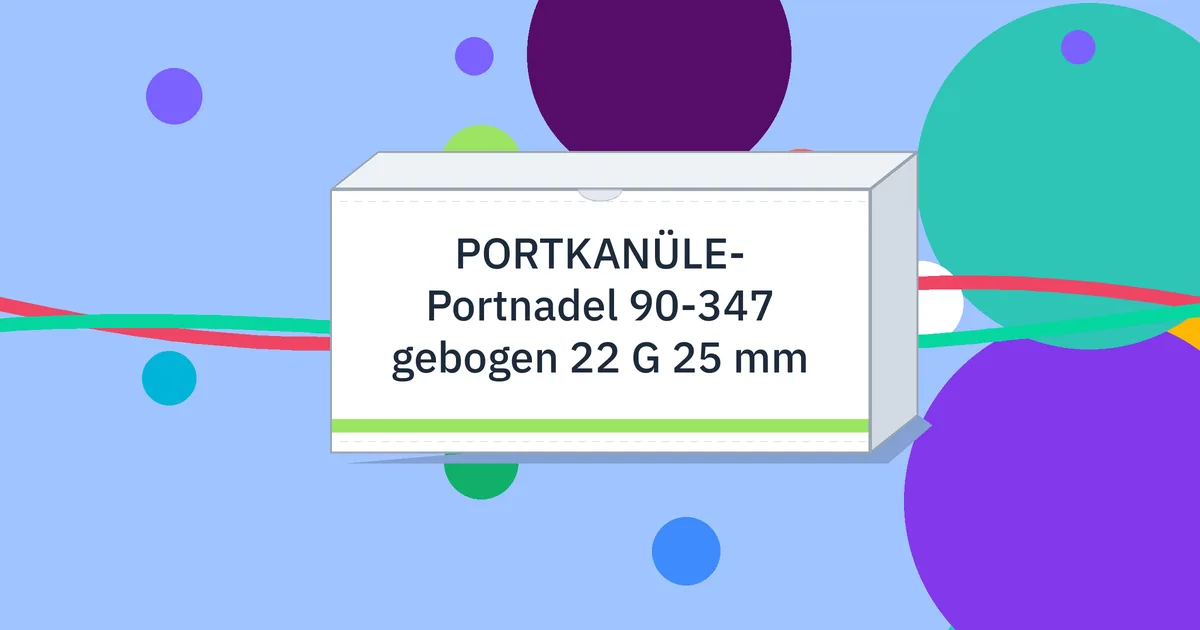 Symbolbild: Packung mit der Aufschrift PORTKANÜLE-Portnadel 90-347 gebogen 22 G 25 mm (PZN 10010867) – Verfügbarkeit und Bezug in Apotheken in Frankfurt am Main