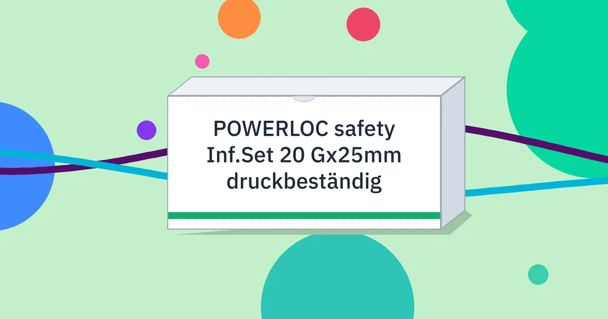 Symbolbild: Packung mit der Aufschrift POWERLOC safety Inf.Set 20 Gx25mm druckbeständig (PZN 18816699) – Verfügbarkeit und Bezug in Apotheken in Frankfurt am Main