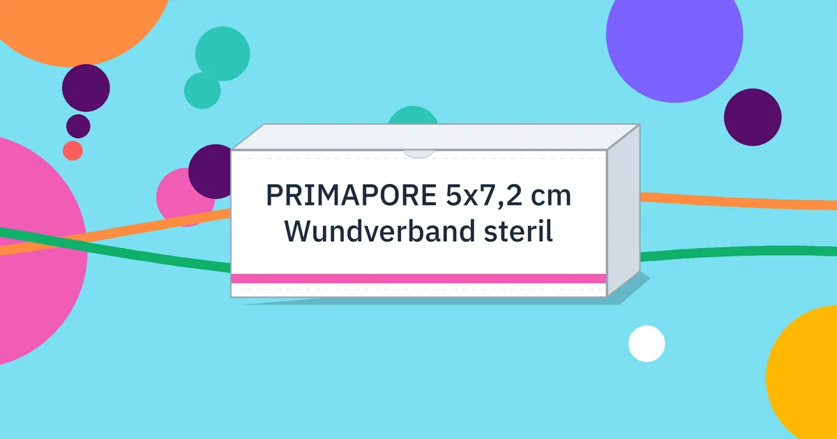Symbolbild: Packung mit der Aufschrift PRIMAPORE 5x7,2 cm Wundverband steril (PZN 16139651) – Verfügbarkeit und Bezug in Apotheken in Frankfurt am Main