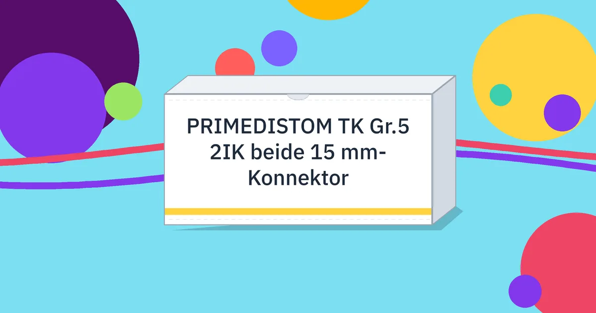 Symbolbild: Packung mit der Aufschrift PRIMEDISTOM TK Gr.5 2IK beide 15 mm-Konnektor (PZN 10209669) – Verfügbarkeit und Bezug in Apotheken in Frankfurt am Main
