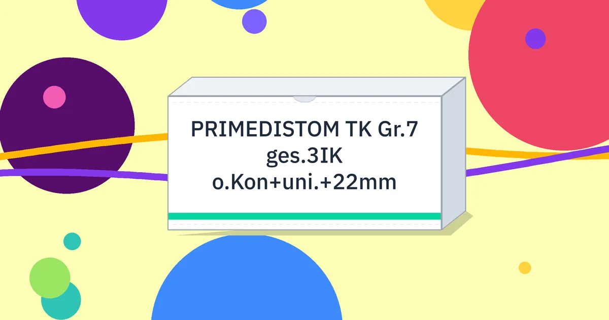 Symbolbild: Packung mit der Aufschrift PRIMEDISTOM TK Gr.7 ges.3IK o.Kon+uni.+22mm (PZN 10209385) – Verfügbarkeit und Bezug in Apotheken in Frankfurt am Main