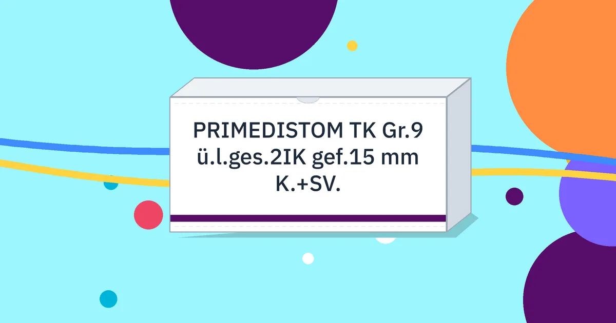 Symbolbild: Packung mit der Aufschrift PRIMEDISTOM TK Gr.9 ü.l.ges.2IK gef.15 mm K.+SV. (PZN 10928708) – Verfügbarkeit und Bezug in Apotheken in Frankfurt am Main