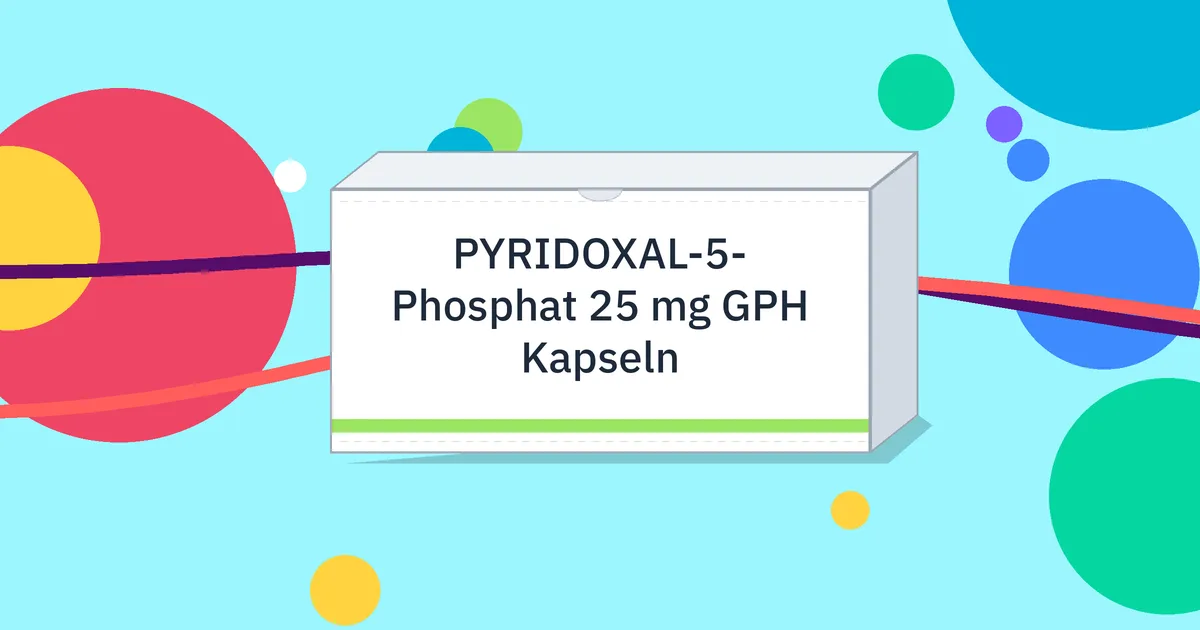 Symbolbild: Packung mit der Aufschrift PYRIDOXAL-5-Phosphat 25 mg GPH Kapseln (PZN 20091128) – Verfügbarkeit und Bezug in Apotheken in Frankfurt am Main