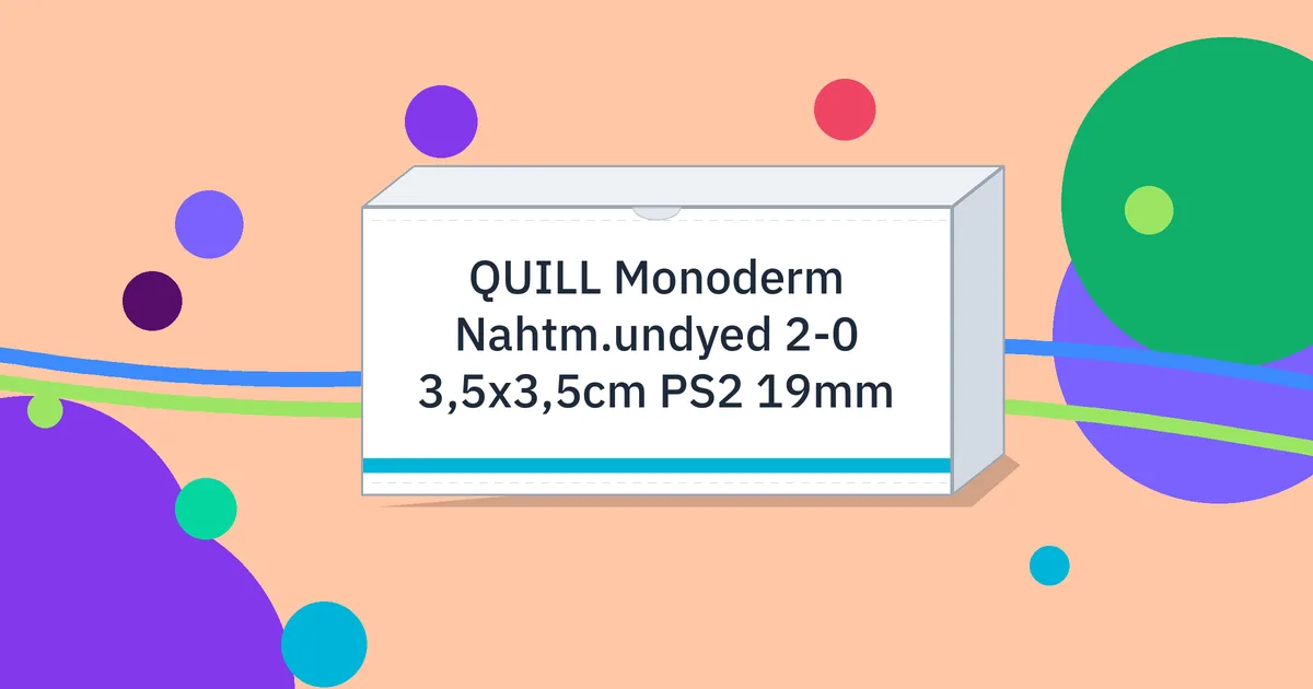 Symbolbild: Packung mit der Aufschrift QUILL Monoderm Nahtm.undyed 2-0 3,5x3,5cm PS2 19mm (PZN 17988671) – Verfügbarkeit und Bezug in Apotheken in Frankfurt am Main