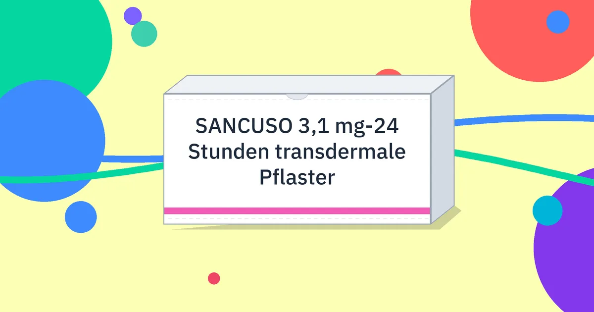 Symbolbild: Packung mit der Aufschrift SANCUSO 3,1 mg-24 Stunden transdermale Pflaster (PZN 11604468) – Verfügbarkeit und Bezug in Apotheken in Frankfurt am Main