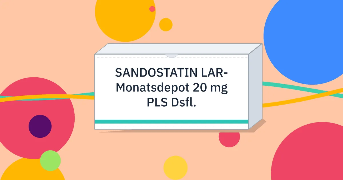 Symbolbild: Packung mit der Aufschrift SANDOSTATIN LAR-Monatsdepot 20 mg PLS Dsfl. (PZN 13167316) – Verfügbarkeit und Bezug in Apotheken in Frankfurt am Main