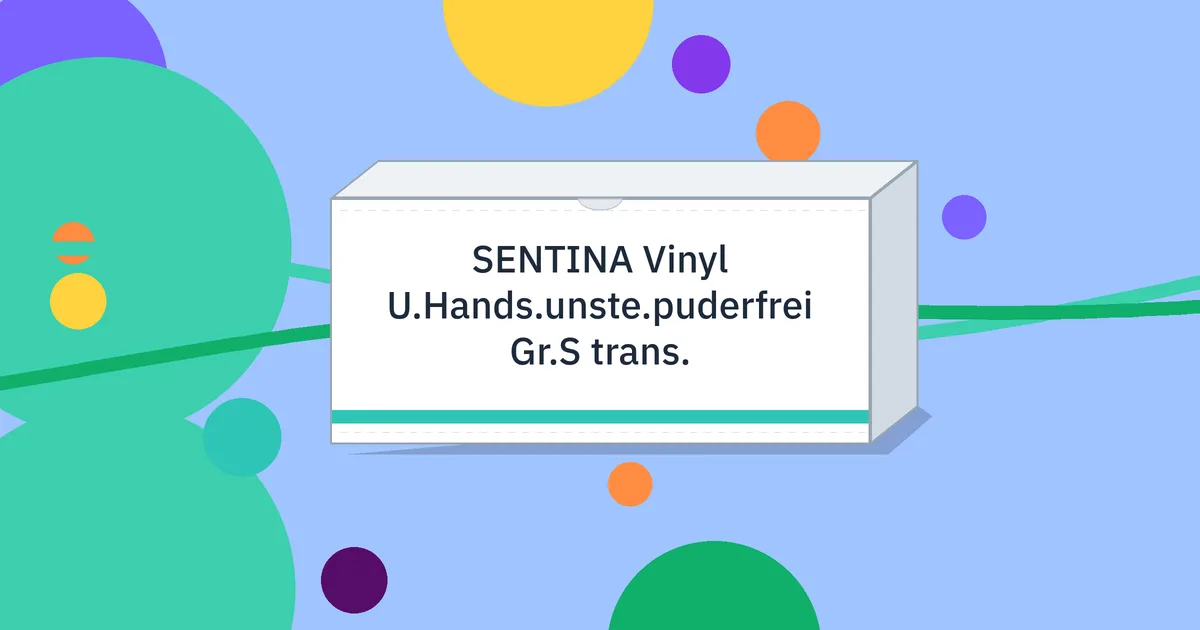 Symbolbild: Packung mit der Aufschrift SENTINA Vinyl U.Hands.unste.puderfrei Gr.S trans. (PZN 17841548) – Verfügbarkeit und Bezug in Apotheken in Frankfurt am Main