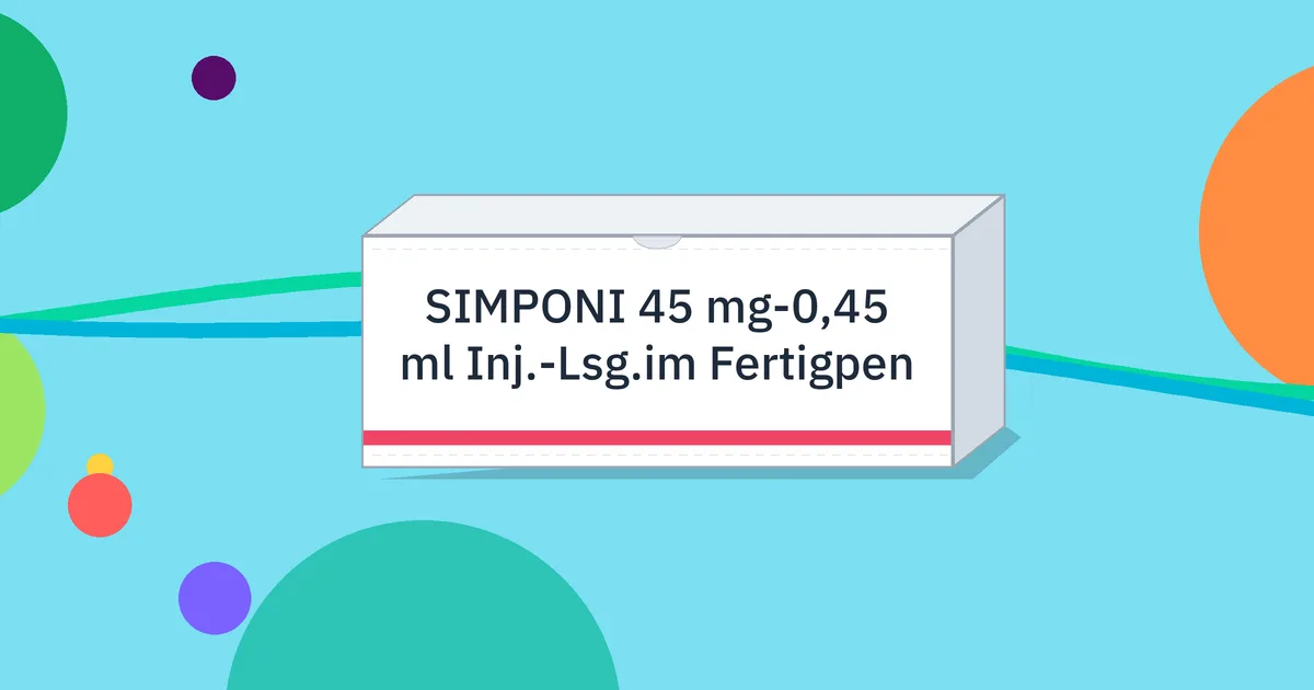 Symbolbild: Packung mit der Aufschrift SIMPONI 45 mg-0,45 ml Inj.-Lsg.im Fertigpen (PZN 20398080) – Verfügbarkeit und Bezug in Apotheken in Frankfurt am Main