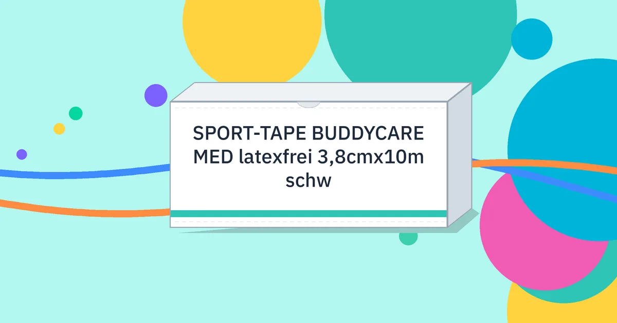 Symbolbild: Packung mit der Aufschrift SPORT-TAPE BUDDYCARE MED latexfrei 3,8cmx10m schw (PZN 19169730) – Verfügbarkeit und Bezug in Apotheken in Frankfurt am Main