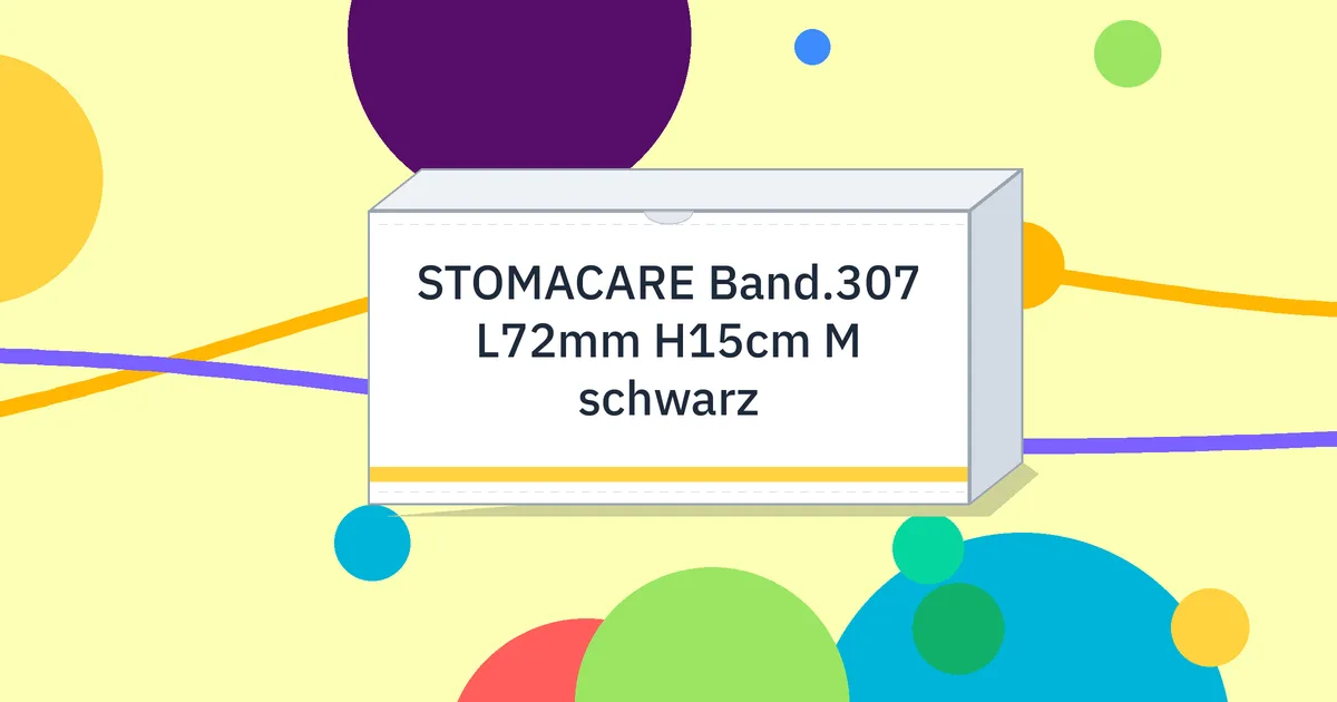 Symbolbild: Packung mit der Aufschrift STOMACARE Band.307 L72mm H15cm M schwarz (PZN 09437081) – Verfügbarkeit und Bezug in Apotheken in Frankfurt am Main