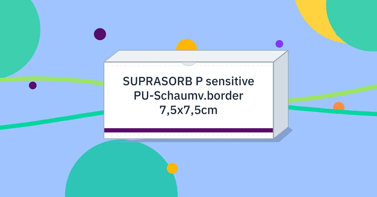 Symbolbild: Packung mit der Aufschrift SUPRASORB P sensitive PU-Schaumv.border 7,5x7,5cm (PZN 16602497) – Verfügbarkeit und Bezug in Apotheken in Frankfurt am Main