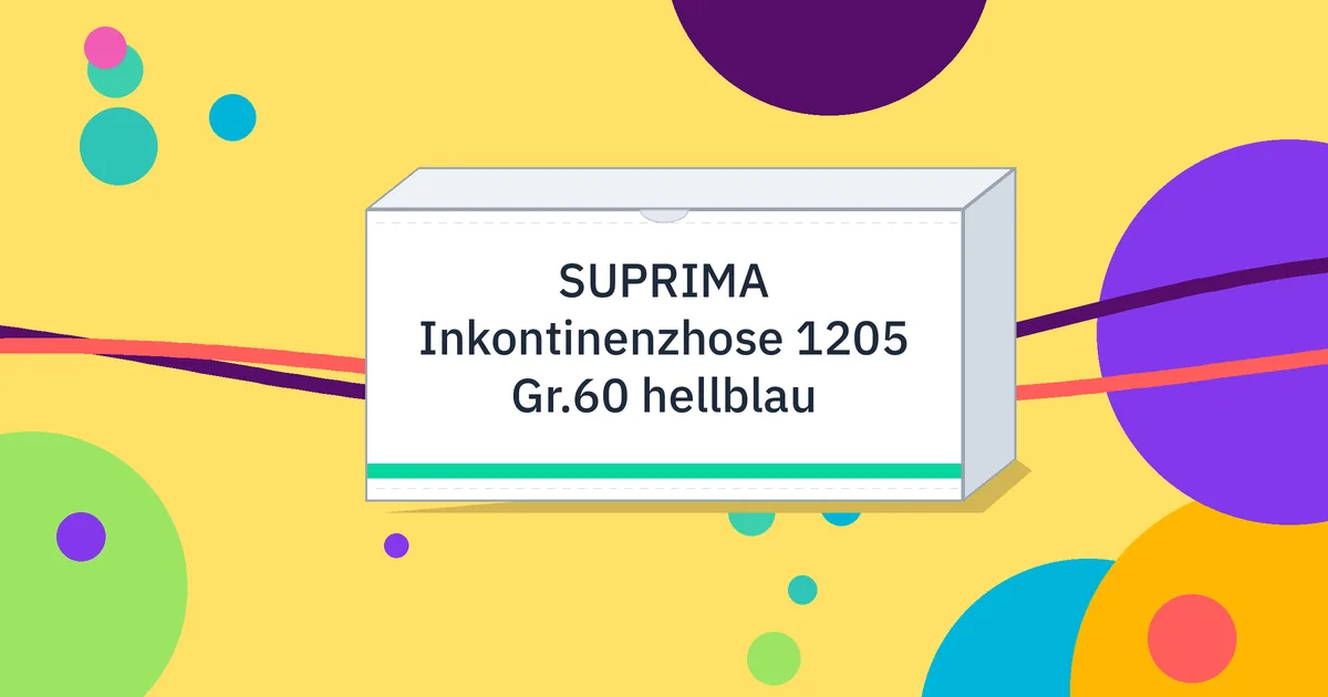 Symbolbild: Packung mit der Aufschrift SUPRIMA Inkontinenzhose 1205 Gr.60 hellblau (PZN 03020693) – Verfügbarkeit und Bezug in Apotheken in Frankfurt am Main