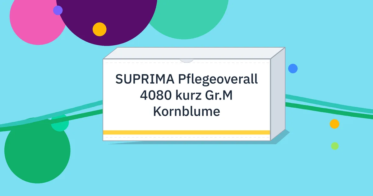 Symbolbild: Packung mit der Aufschrift SUPRIMA Pflegeoverall 4080 kurz Gr.M Kornblume (PZN 11659707) – Verfügbarkeit und Bezug in Apotheken in Frankfurt am Main