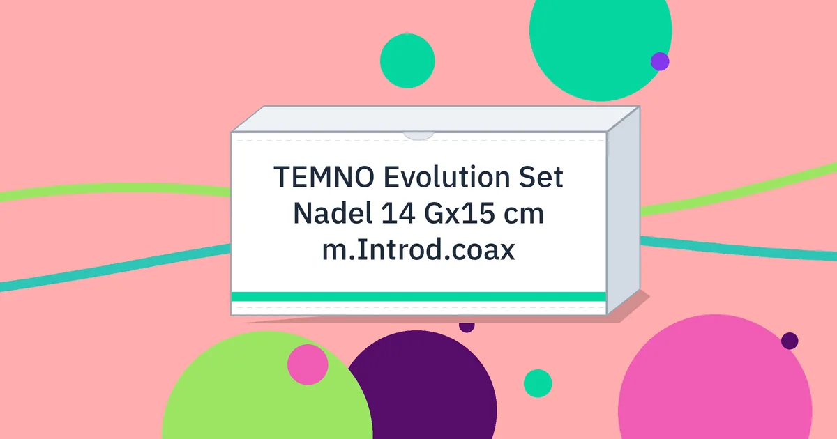 Symbolbild: Packung mit der Aufschrift TEMNO Evolution Set Nadel 14 Gx15 cm m.Introd.coax (PZN 18765973) – Verfügbarkeit und Bezug in Apotheken in Frankfurt am Main