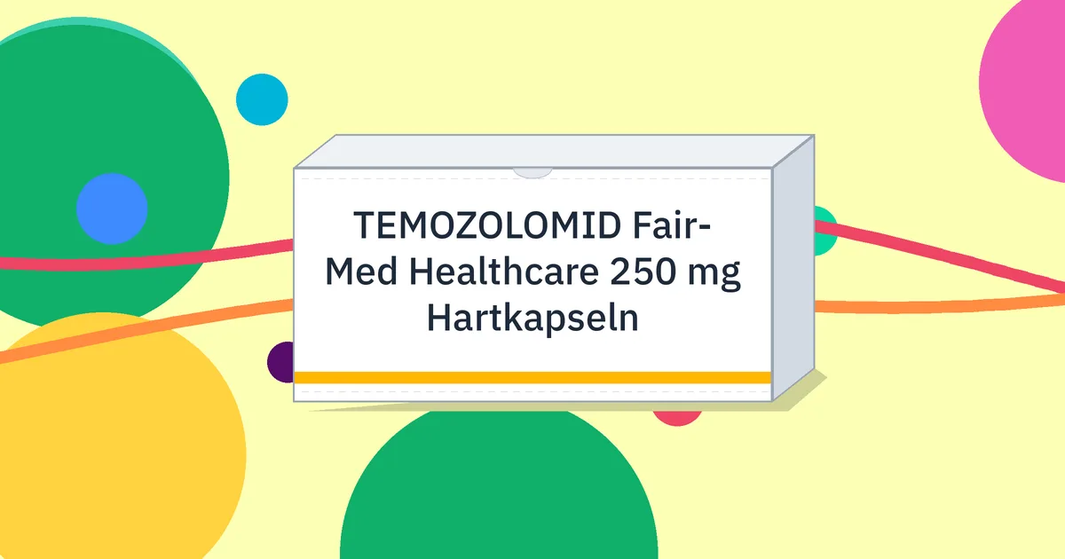 Symbolbild: Packung mit der Aufschrift TEMOZOLOMID Fair-Med Healthcare 250 mg Hartkapseln (PZN 14168074) – Verfügbarkeit und Bezug in Apotheken in Frankfurt am Main