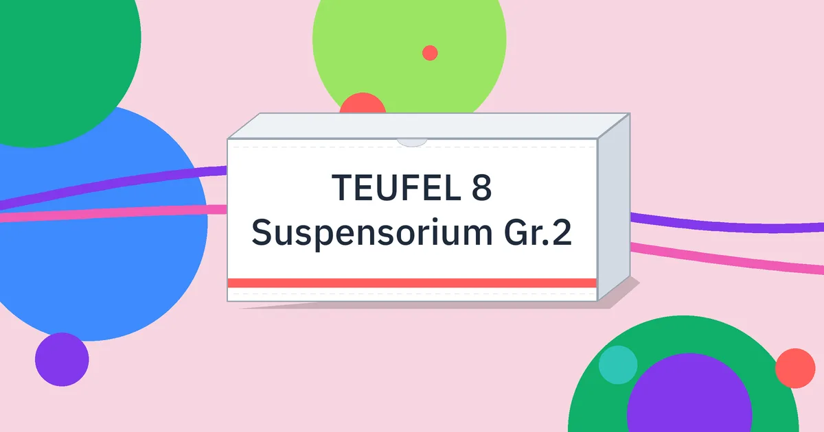 Symbolbild: Packung mit der Aufschrift TEUFEL 8 Suspensorium Gr.2 (PZN 02299322) – Verfügbarkeit und Bezug in Apotheken in Frankfurt am Main