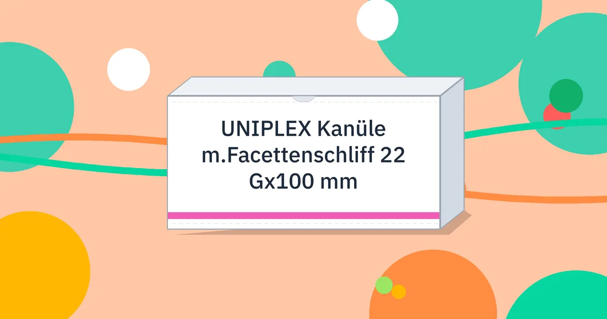 Symbolbild: Packung mit der Aufschrift UNIPLEX Kanüle m.Facettenschliff 22 Gx100 mm (PZN 03944486) – Verfügbarkeit und Bezug in Apotheken in Frankfurt am Main