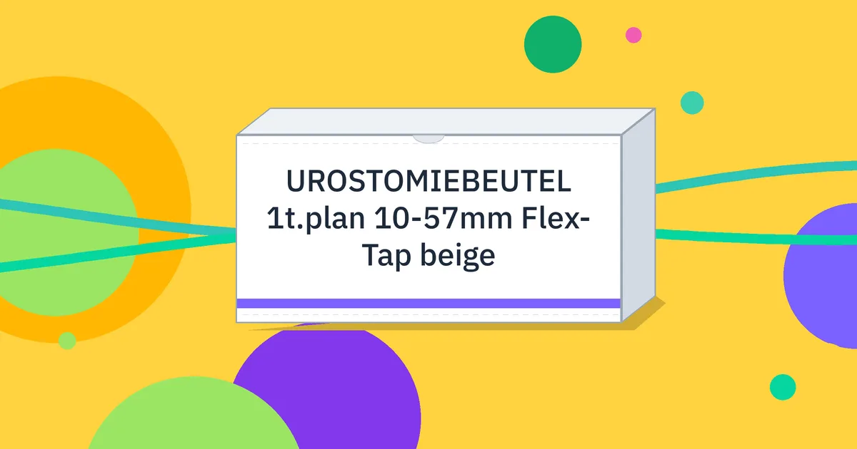 Symbolbild: Packung mit der Aufschrift UROSTOMIEBEUTEL 1t.plan 10-57mm Flex-Tap beige (PZN 10204850) – Verfügbarkeit und Bezug in Apotheken in Frankfurt am Main