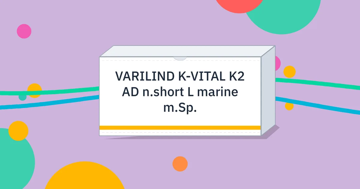 Symbolbild: Packung mit der Aufschrift VARILIND K-VITAL K2 AD n.short L marine m.Sp. (PZN 20567766) – Verfügbarkeit und Bezug in Apotheken in Frankfurt am Main