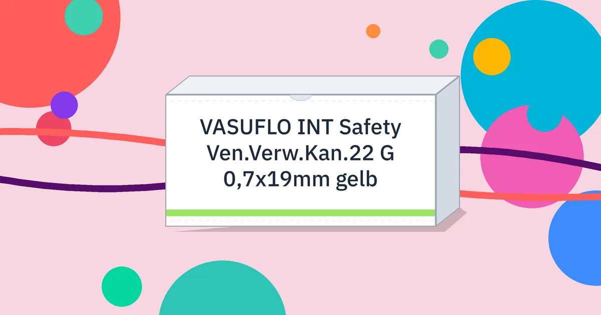 Symbolbild: Packung mit der Aufschrift VASUFLO INT Safety Ven.Verw.Kan.22 G 0,7x19mm gelb (PZN 19898624) – Verfügbarkeit und Bezug in Apotheken in Frankfurt am Main