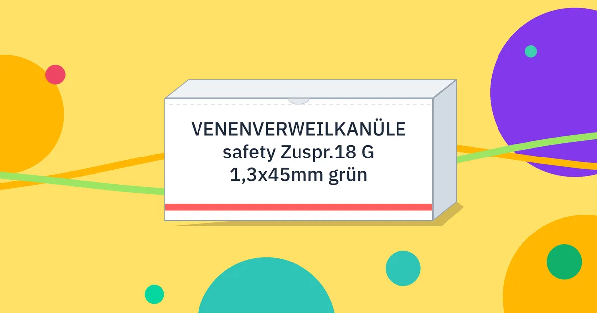 Symbolbild: Packung mit der Aufschrift VENENVERWEILKANÜLE safety Zuspr.18 G 1,3x45mm grün (PZN 18717715) – Verfügbarkeit und Bezug in Apotheken in Frankfurt am Main