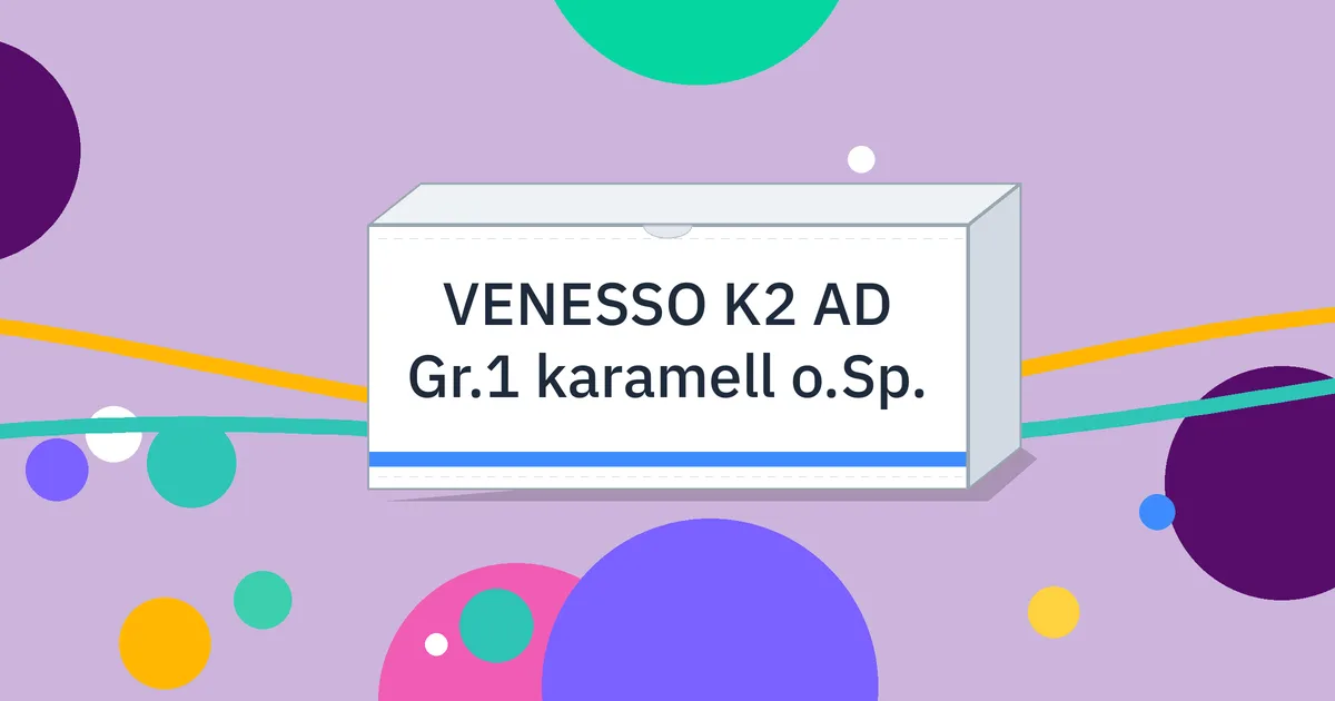 Symbolbild: Packung mit der Aufschrift VENESSO K2 AD Gr.1 karamell o.Sp. (PZN 13758112) – Verfügbarkeit und Bezug in Apotheken in Frankfurt am Main