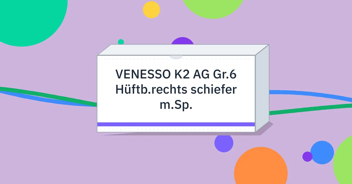 Symbolbild: Packung mit der Aufschrift VENESSO K2 AG Gr.6 Hüftb.rechts schiefer m.Sp. (PZN 03274896) – Verfügbarkeit und Bezug in Apotheken in Frankfurt am Main