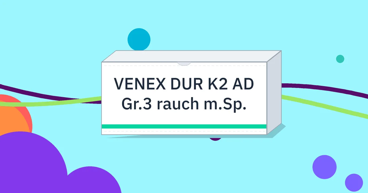 Symbolbild: Packung mit der Aufschrift VENEX DUR K2 AD Gr.3 rauch m.Sp. (PZN 03208592) – Verfügbarkeit und Bezug in Apotheken in Frankfurt am Main