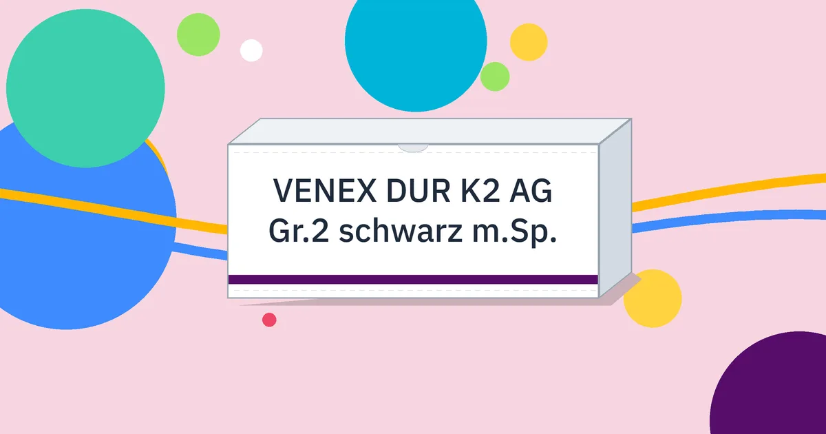 Symbolbild: Packung mit der Aufschrift VENEX DUR K2 AG Gr.2 schwarz m.Sp. (PZN 03213920) – Verfügbarkeit und Bezug in Apotheken in Frankfurt am Main