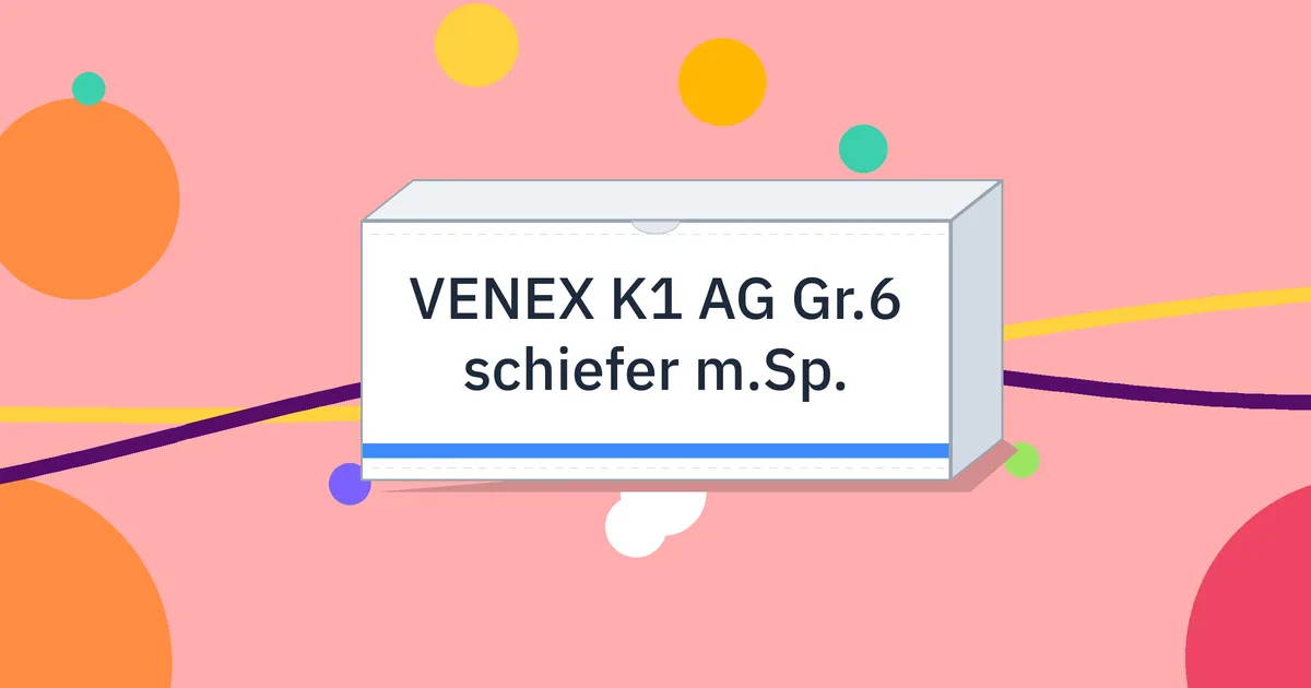 Symbolbild: Packung mit der Aufschrift VENEX K1 AG Gr.6 schiefer m.Sp. (PZN 03187714) – Verfügbarkeit und Bezug in Apotheken in Frankfurt am Main