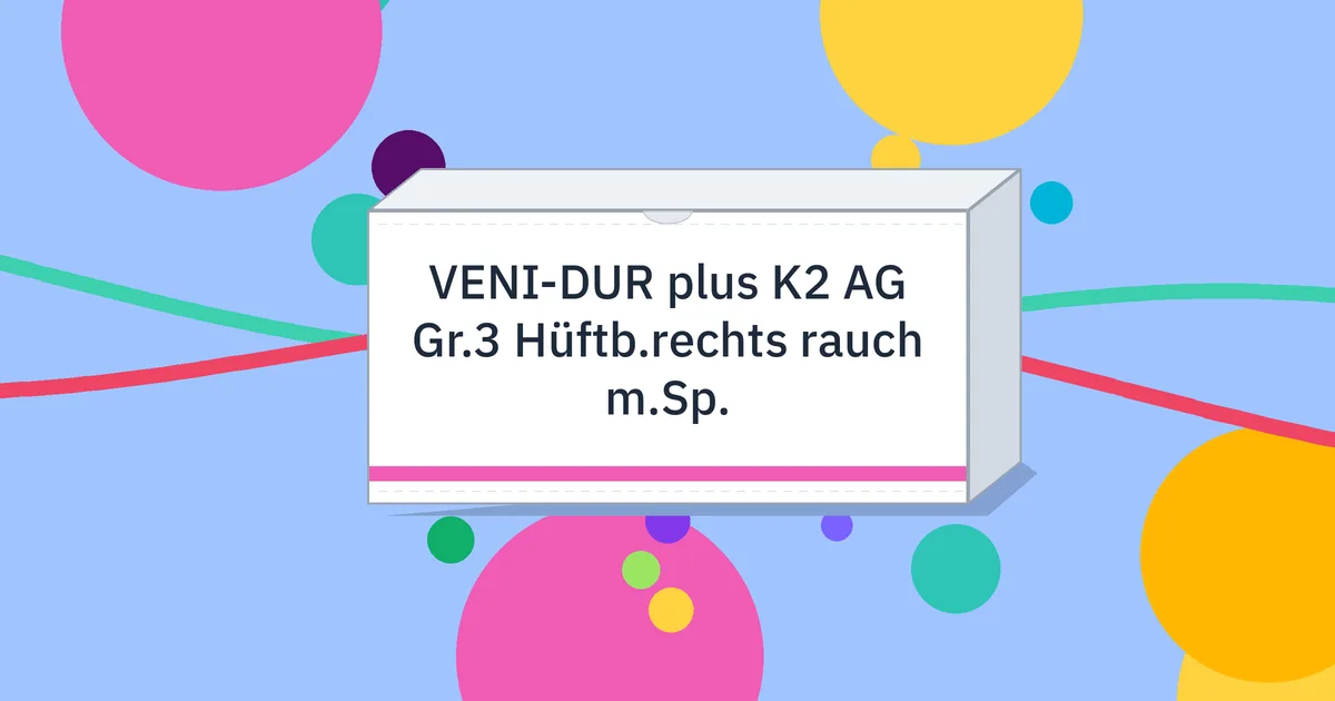 Symbolbild: Packung mit der Aufschrift VENI-DUR plus K2 AG Gr.3 Hüftb.rechts rauch m.Sp. (PZN 03255433) – Verfügbarkeit und Bezug in Apotheken in Frankfurt am Main