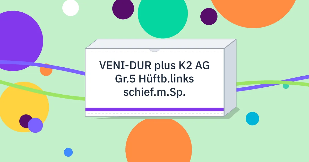 Symbolbild: Packung mit der Aufschrift VENI-DUR plus K2 AG Gr.5 Hüftb.links schief.m.Sp. (PZN 03256705) – Verfügbarkeit und Bezug in Apotheken in Frankfurt am Main