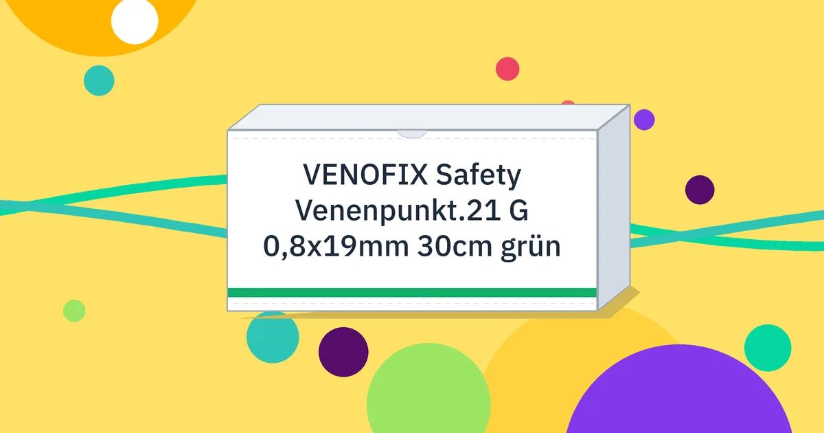 Symbolbild: Packung mit der Aufschrift VENOFIX Safety Venenpunkt.21 G 0,8x19mm 30cm grün (PZN 18780412) – Verfügbarkeit und Bezug in Apotheken in Frankfurt am Main