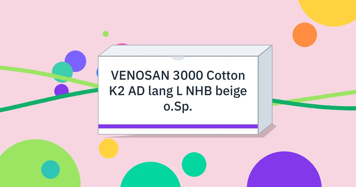 Symbolbild: Packung mit der Aufschrift VENOSAN 3000 Cotton K2 AD lang L NHB beige o.Sp. (PZN 14421320) – Verfügbarkeit und Bezug in Apotheken in Frankfurt am Main