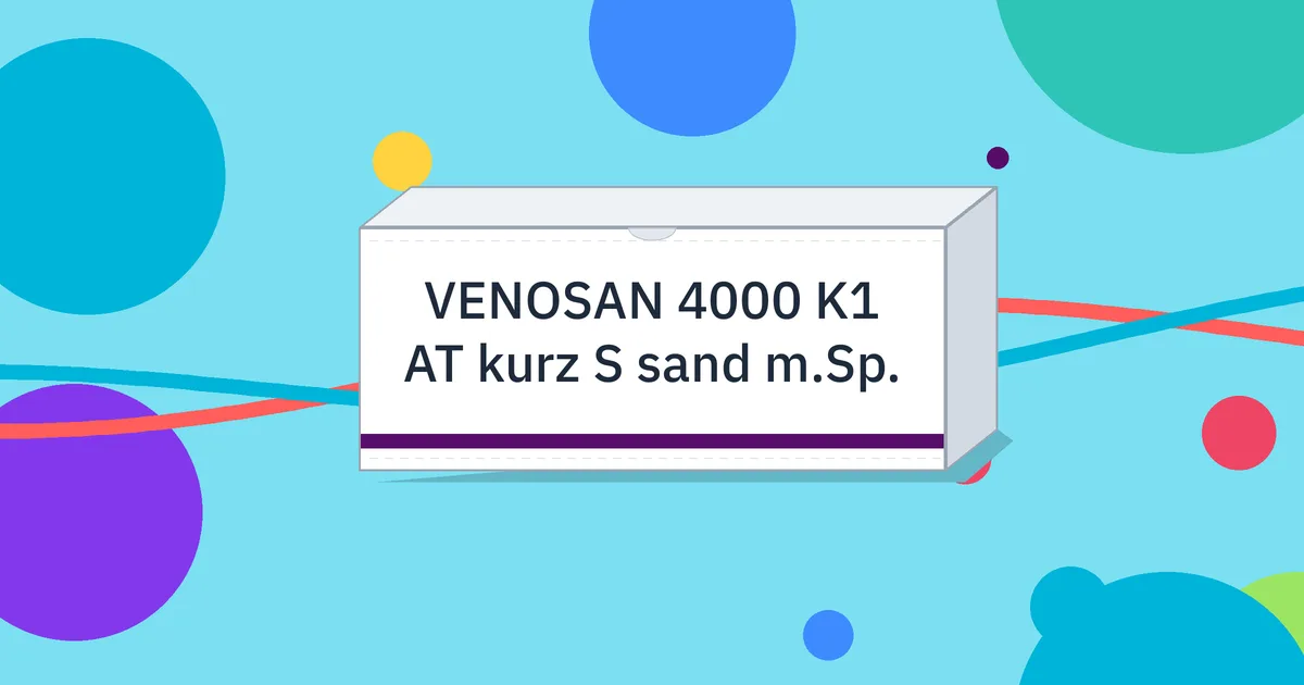 Symbolbild: Packung mit der Aufschrift VENOSAN 4000 K1 AT kurz S sand m.Sp. (PZN 14421975) – Verfügbarkeit und Bezug in Apotheken in Frankfurt am Main