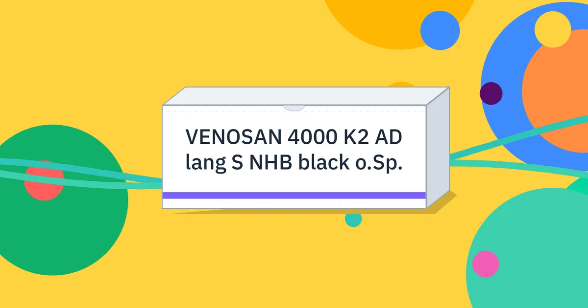 Symbolbild: Packung mit der Aufschrift VENOSAN 4000 K2 AD lang S NHB black o.Sp. (PZN 14427328) – Verfügbarkeit und Bezug in Apotheken in Frankfurt am Main