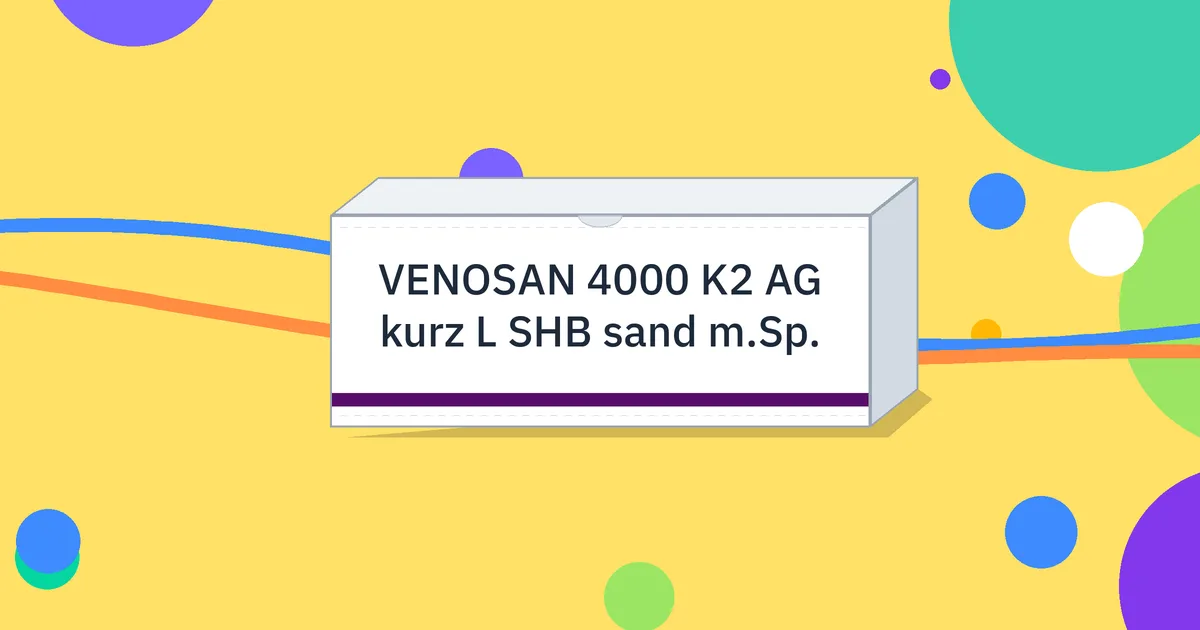 Symbolbild: Packung mit der Aufschrift VENOSAN 4000 K2 AG kurz L SHB sand m.Sp. (PZN 14422785) – Verfügbarkeit und Bezug in Apotheken in Frankfurt am Main