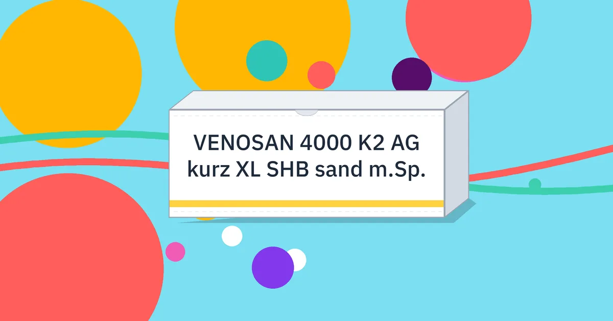 Symbolbild: Packung mit der Aufschrift VENOSAN 4000 K2 AG kurz XL SHB sand m.Sp. (PZN 14422791) – Verfügbarkeit und Bezug in Apotheken in Frankfurt am Main