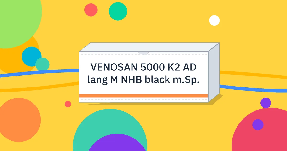 Symbolbild: Packung mit der Aufschrift VENOSAN 5000 K2 AD lang M NHB black m.Sp. (PZN 14433317) – Verfügbarkeit und Bezug in Apotheken in Frankfurt am Main