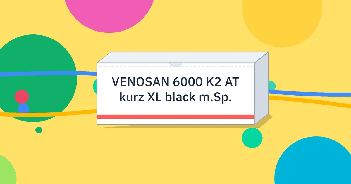 Symbolbild: Packung mit der Aufschrift VENOSAN 6000 K2 AT kurz XL black m.Sp. (PZN 17173331) – Verfügbarkeit und Bezug in Apotheken in Frankfurt am Main