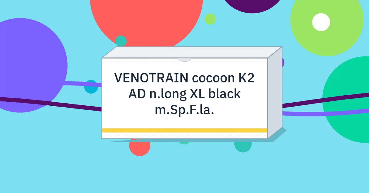 Symbolbild: Packung mit der Aufschrift VENOTRAIN cocoon K2 AD n.long XL black m.Sp.F.la. (PZN 14401932) – Verfügbarkeit und Bezug in Apotheken in Frankfurt am Main