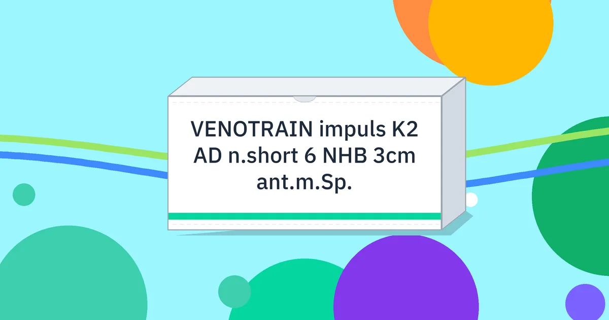 Symbolbild: Packung mit der Aufschrift VENOTRAIN impuls K2 AD n.short 6 NHB 3cm ant.m.Sp. (PZN 15224053) – Verfügbarkeit und Bezug in Apotheken in Frankfurt am Main