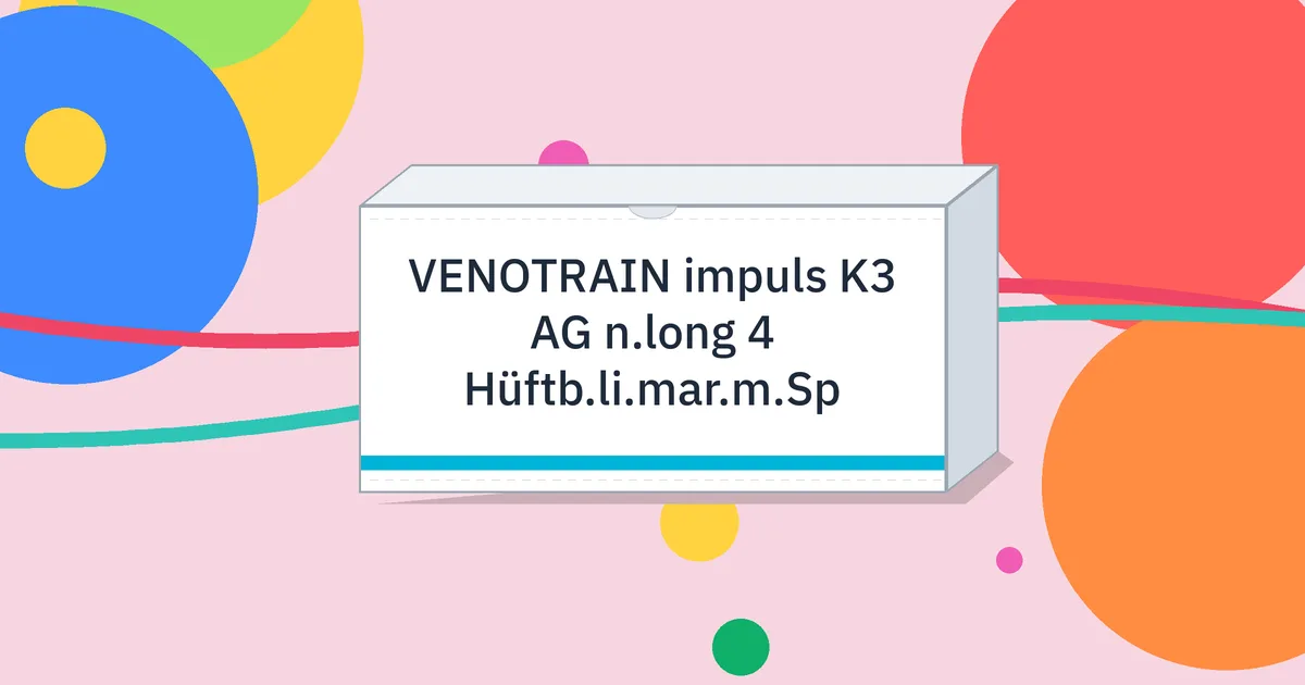Symbolbild: Packung mit der Aufschrift VENOTRAIN impuls K3 AG n.long 4 Hüftb.li.mar.m.Sp (PZN 15220026) – Verfügbarkeit und Bezug in Apotheken in Frankfurt am Main