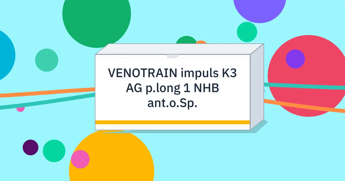 Symbolbild: Packung mit der Aufschrift VENOTRAIN impuls K3 AG p.long 1 NHB ant.o.Sp. (PZN 15216303) – Verfügbarkeit und Bezug in Apotheken in Frankfurt am Main