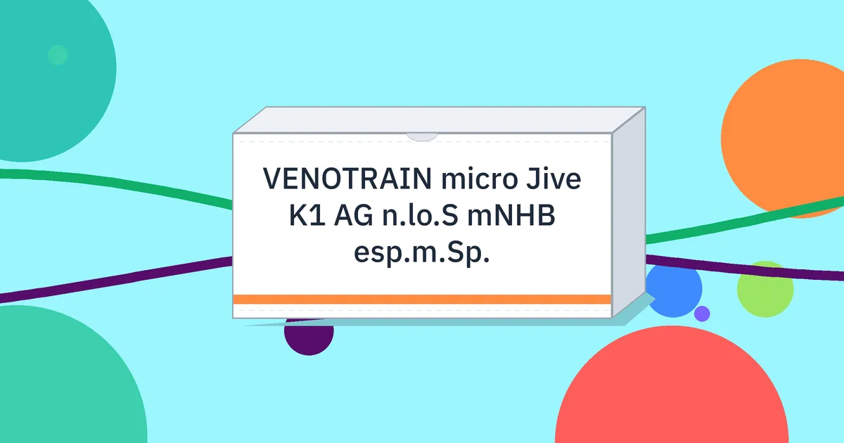 Symbolbild: Packung mit der Aufschrift VENOTRAIN micro Jive K1 AG n.lo.S mNHB esp.m.Sp. (PZN 17760229) – Verfügbarkeit und Bezug in Apotheken in Frankfurt am Main