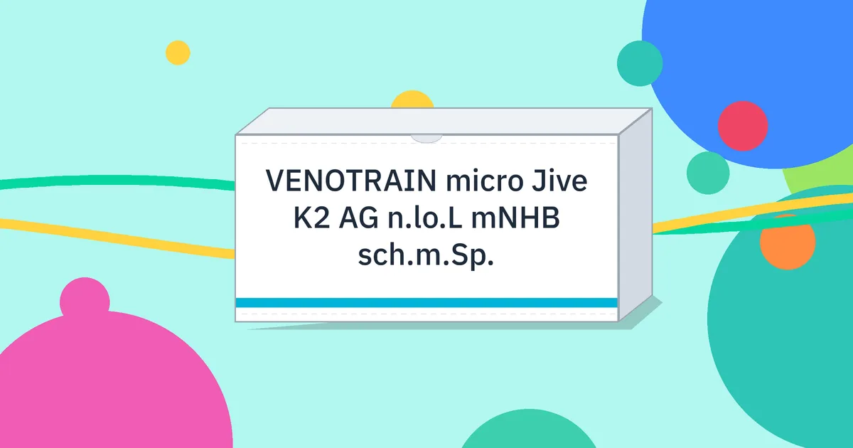 Symbolbild: Packung mit der Aufschrift VENOTRAIN micro Jive K2 AG n.lo.L mNHB sch.m.Sp. (PZN 17762808) – Verfügbarkeit und Bezug in Apotheken in Frankfurt am Main