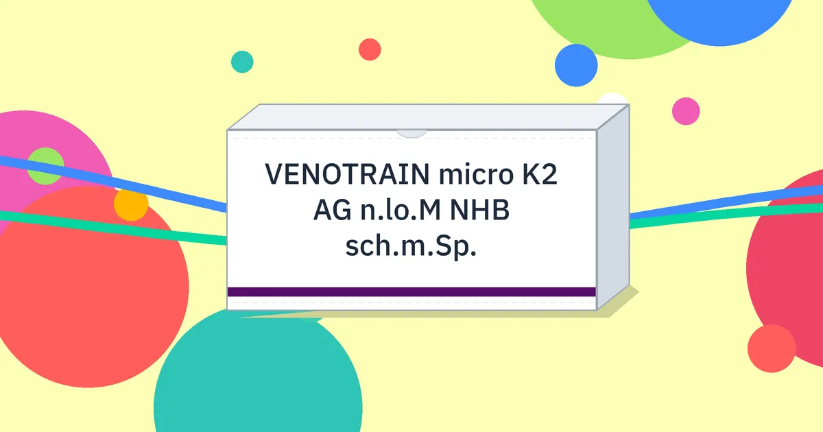 Symbolbild: Packung mit der Aufschrift VENOTRAIN micro K2 AG n.lo.M NHB sch.m.Sp. (PZN 04467918) – Verfügbarkeit und Bezug in Apotheken in Frankfurt am Main